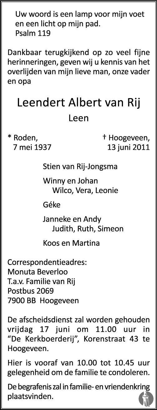 Leendert Albert (Leen) van Rij 13-06-2011 overlijdensbericht en ...