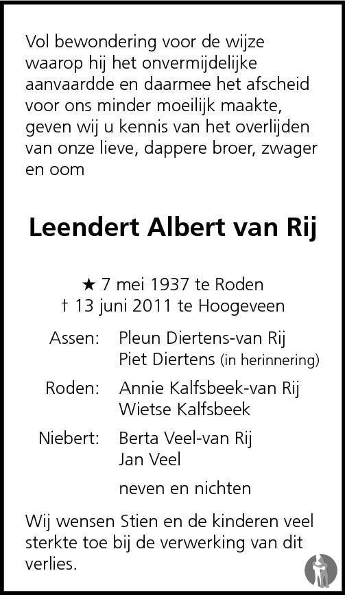 Leendert Albert (Leen) van Rij 13-06-2011 overlijdensbericht en ...