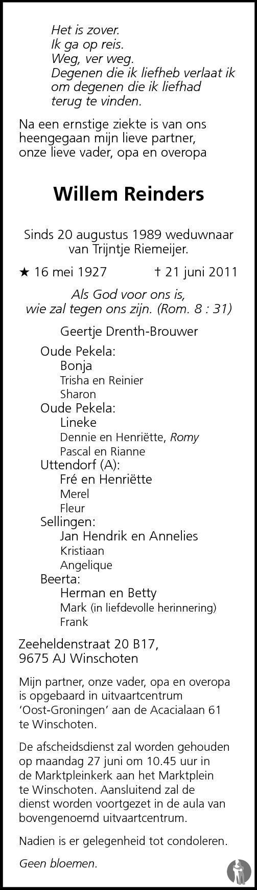 Willem Reinders 21-06-2011 overlijdensbericht en condoleances ...