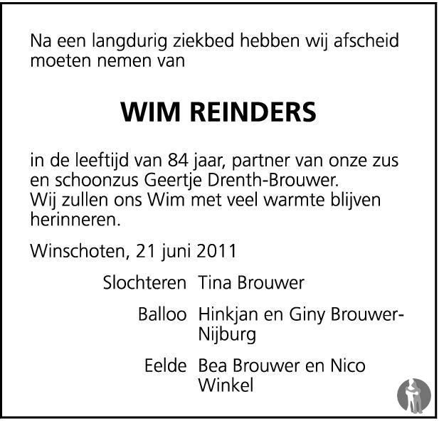 Willem Reinders 21-06-2011 overlijdensbericht en condoleances ...