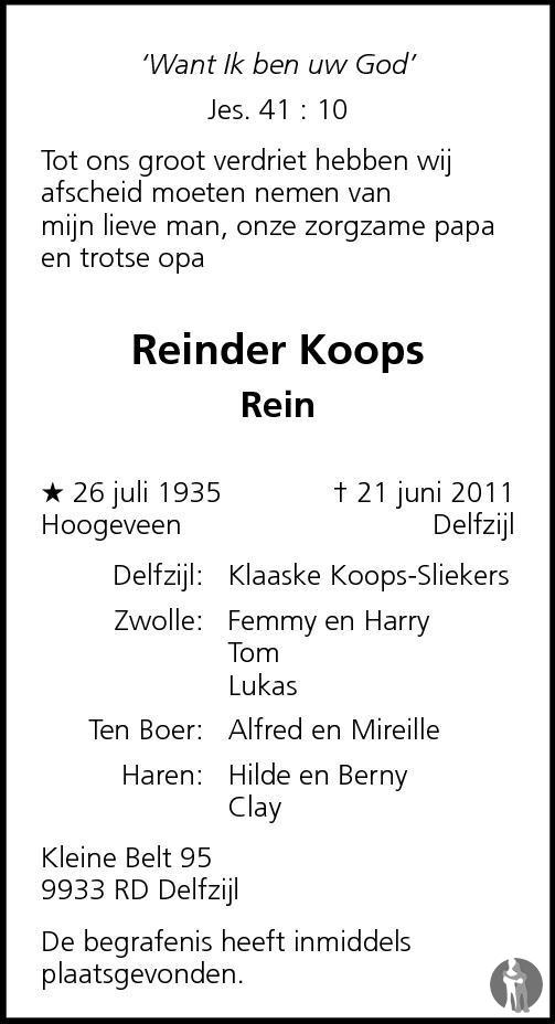 Reinder (Rein) Koops 21-06-2011 overlijdensbericht en condoleances ...