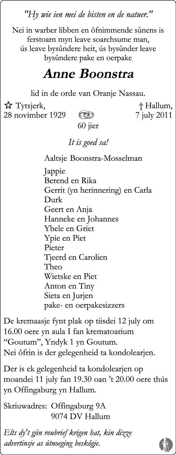Anne Boonstra 07-07-2011 overlijdensbericht en condoleances - Mensenlinq.nl