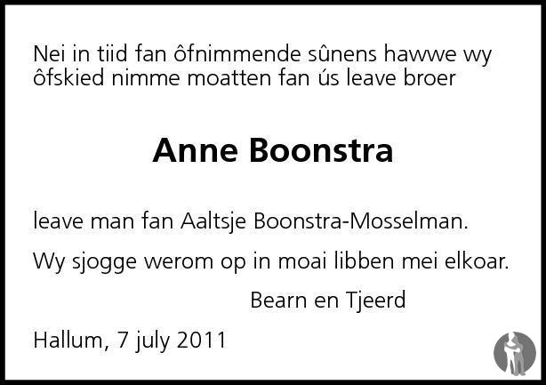 Anne Boonstra 07-07-2011 overlijdensbericht en condoleances - Mensenlinq.nl