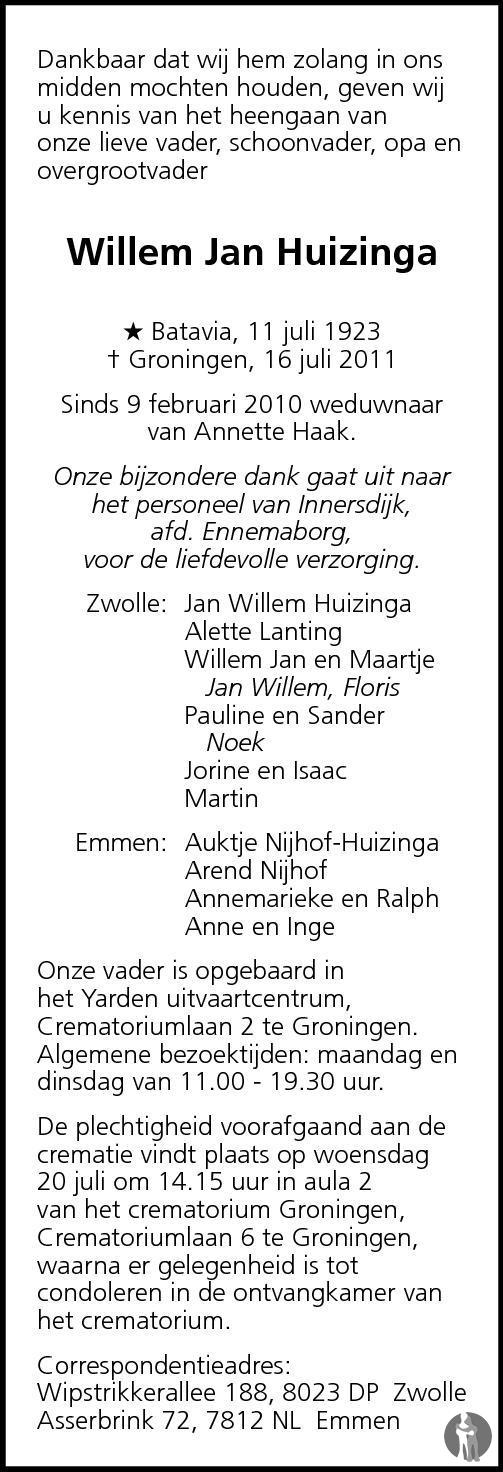 Willem Jan Huizinga 16-07-2011 overlijdensbericht en condoleances ...