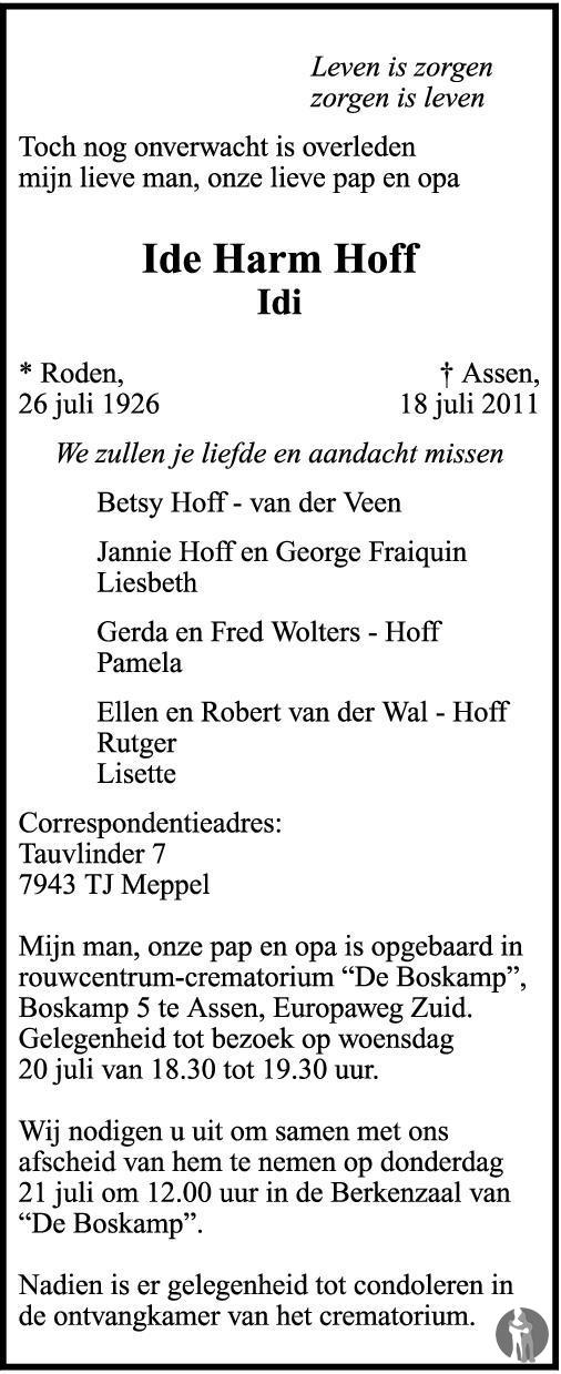 Ide Harm (Idi) Hoff 18-07-2011 overlijdensbericht en condoleances ...