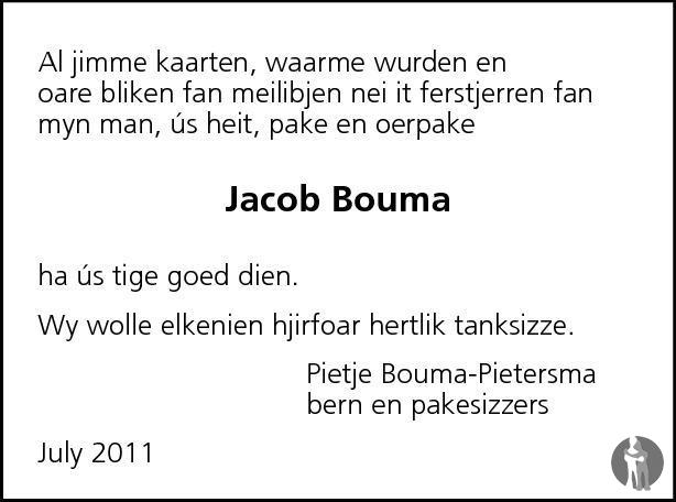 Jacob Bouma 22-05-2011 overlijdensbericht en condoleances - Mensenlinq.nl