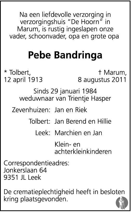 Pebe Bandringa 08-08-2011 overlijdensbericht en condoleances ...