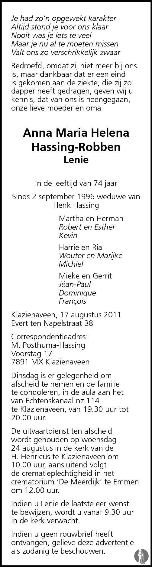 Anna Maria Helena (Lenie) Hassing - Robben 17-08-2011 ...