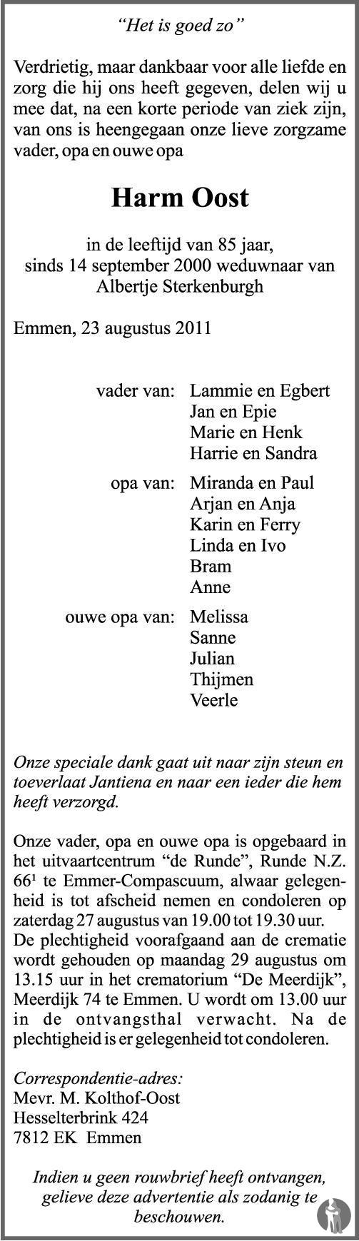 Harm Oost 23-08-2011 overlijdensbericht en condoleances - Mensenlinq.nl