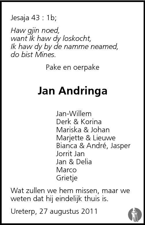 Jan Andringa 27-08-2011 overlijdensbericht en condoleances - Mensenlinq.nl