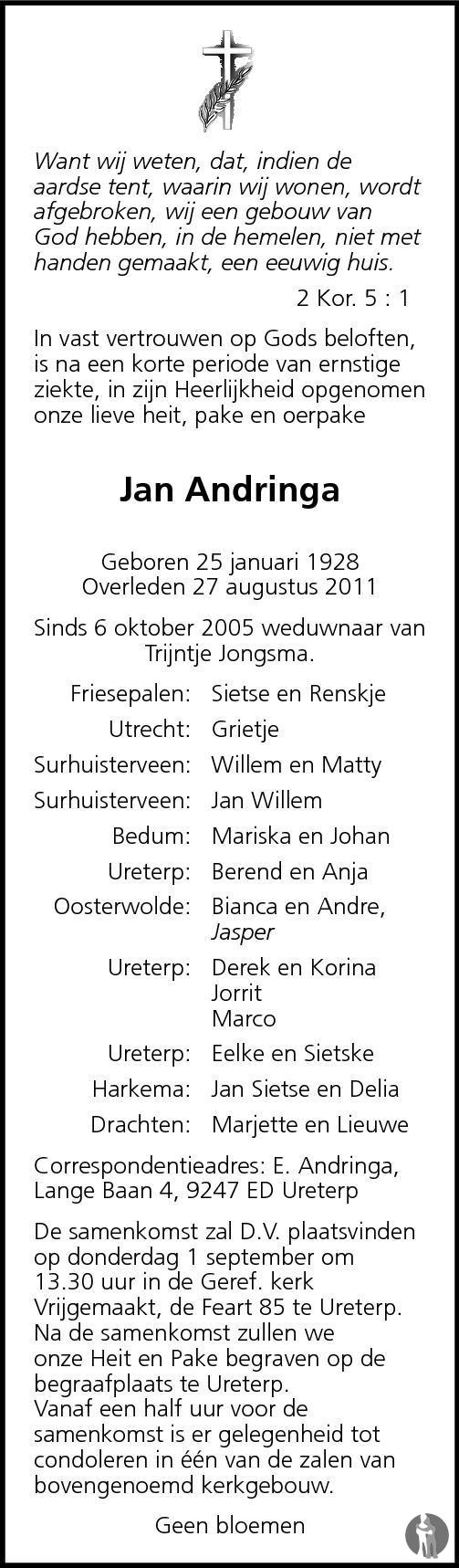 Jan Andringa 27-08-2011 overlijdensbericht en condoleances - Mensenlinq.nl