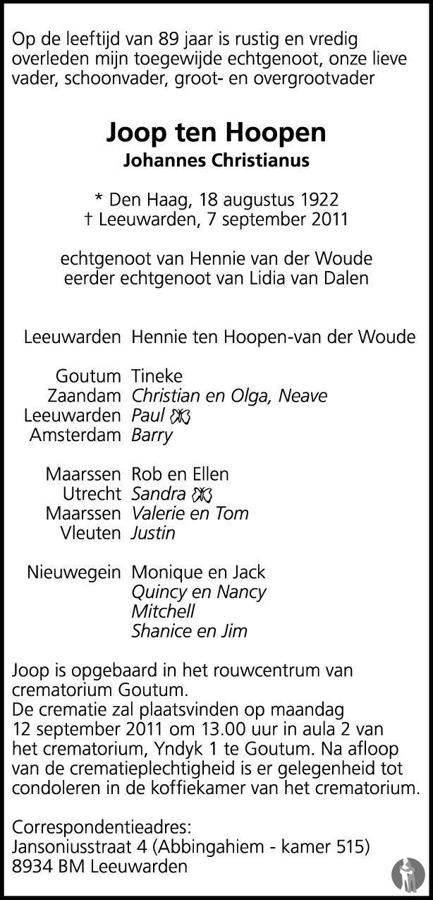 Johannes Christianus (Joop) ten Hoopen 07-09-2011 overlijdensbericht en ...