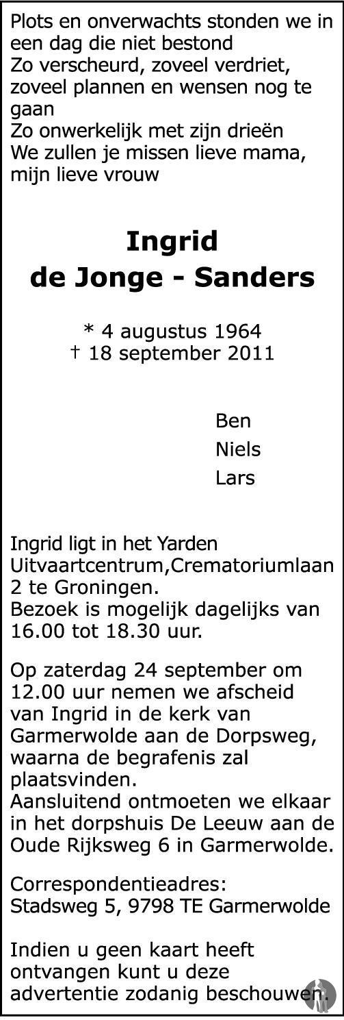 Ingrid de Jonge - Sanders 18-09-2011 overlijdensbericht en condoleances ...