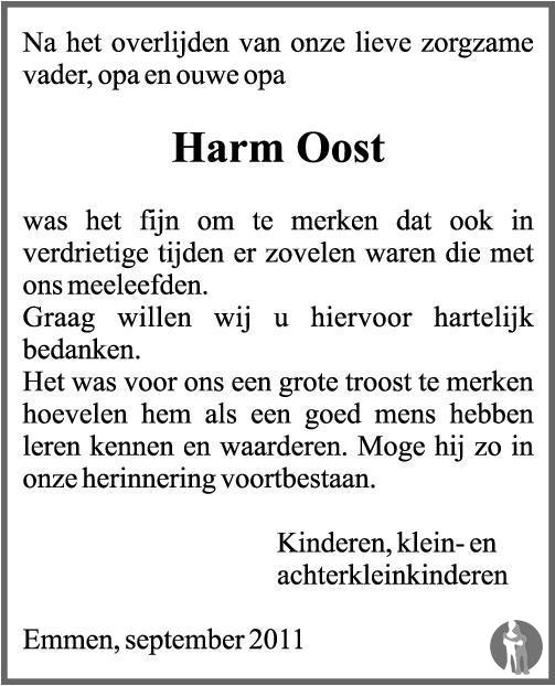 Harm Oost 23-08-2011 overlijdensbericht en condoleances - Mensenlinq.nl