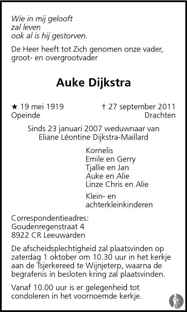 Auke Dijkstra 27-09-2011 overlijdensbericht en condoleances - Mensenlinq.nl
