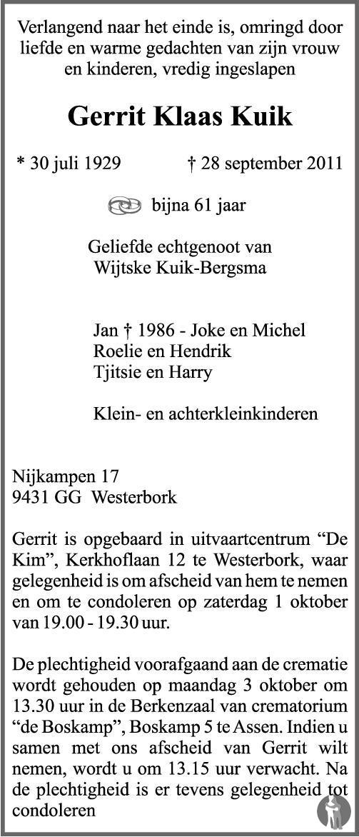 Gerrit Klaas Kuik 28-09-2011 overlijdensbericht en condoleances ...