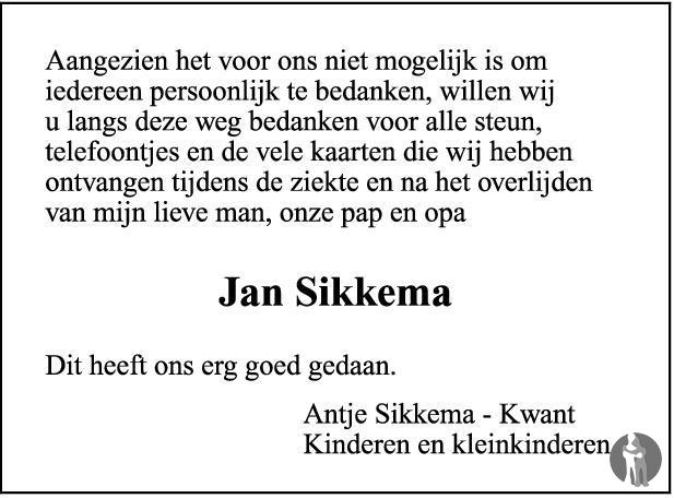 Jan Sikkema 05-08-2011 overlijdensbericht en condoleances - Mensenlinq.nl