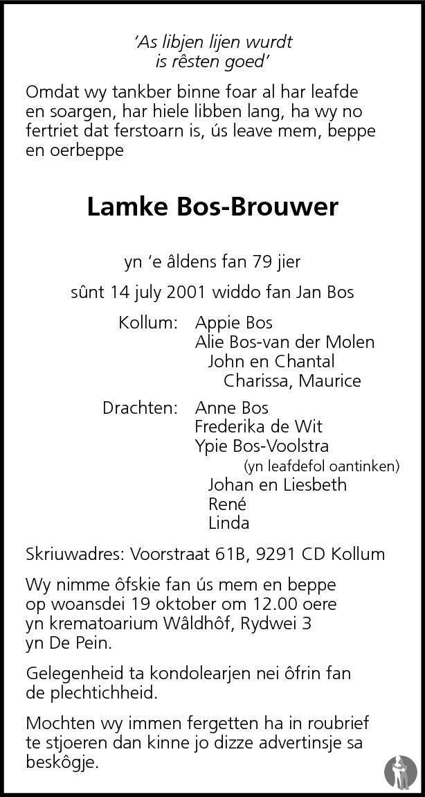 Lamke Bos - Brouwer 14-10-2011 overlijdensbericht en condoleances - Mensenlinq.nl