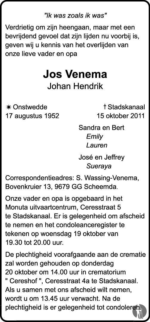Johan Hendrik (Jos) Venema 15-10-2011 overlijdensbericht en ...