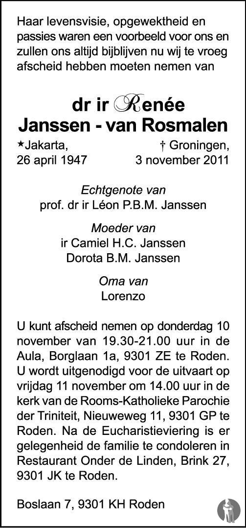 Dr. ir. Renée Janssen - van Rosmalen 03-11-2011 overlijdensbericht en ...