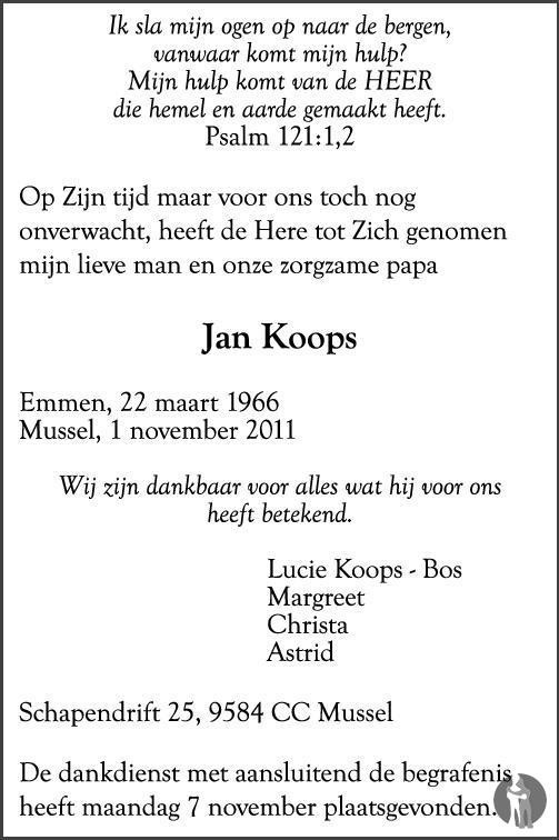 Jan Koops 01-11-2011 overlijdensbericht en condoleances - Mensenlinq.nl