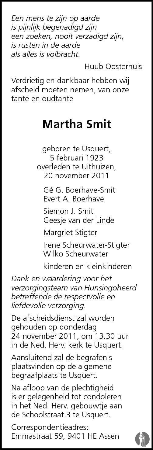 Martha Smit 20-11-2011 overlijdensbericht en condoleances - Mensenlinq.nl