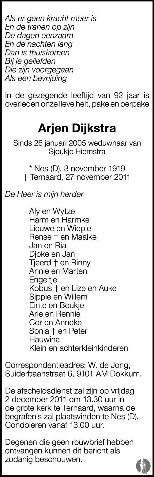 Arjen Dijkstra 27-11-2011 overlijdensbericht en condoleances ...