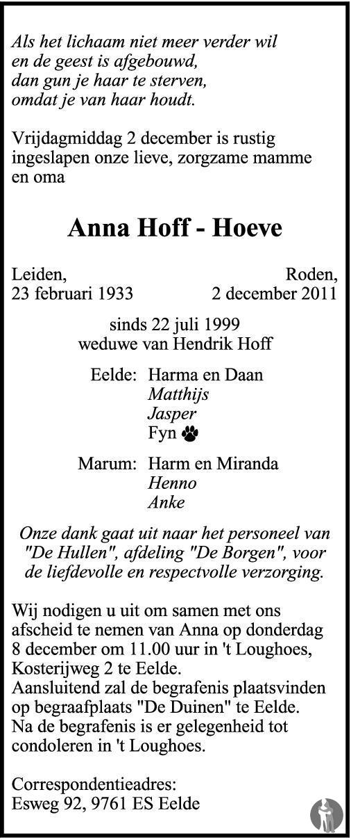 Anna Hoff - Hoeve 02-12-2011 overlijdensbericht en condoleances ...