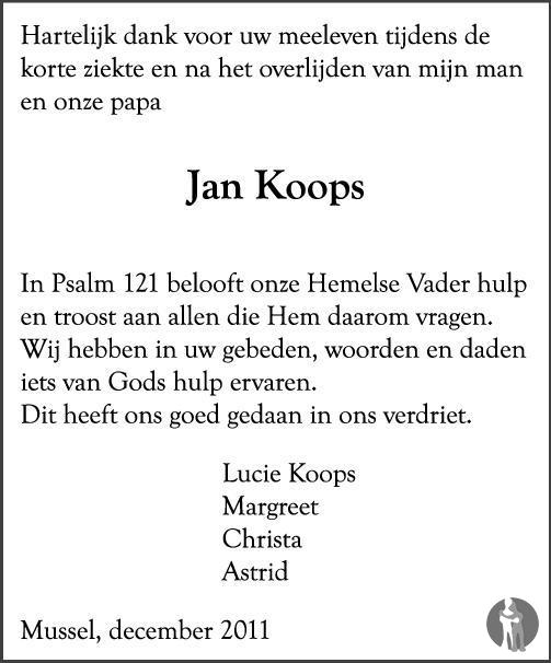 Jan Koops 01-11-2011 overlijdensbericht en condoleances - Mensenlinq.nl