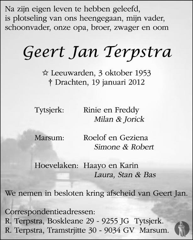 Geert Jan Terpstra 19-01-2012 overlijdensbericht en condoleances ...
