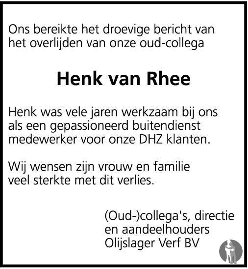 Henk van Rhee 30-01-2012 overlijdensbericht en condoleances - Mensenlinq.nl