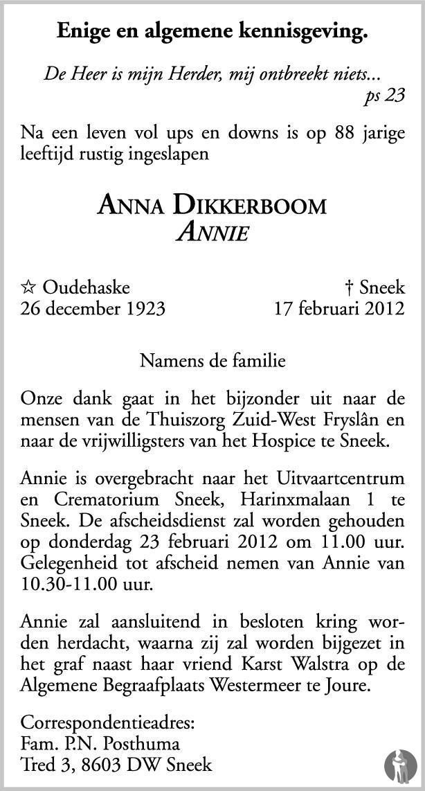 Anna Annie Dikkerboom 17 02 2012 Overlijdensbericht En Condoleances Mensenlinqnl