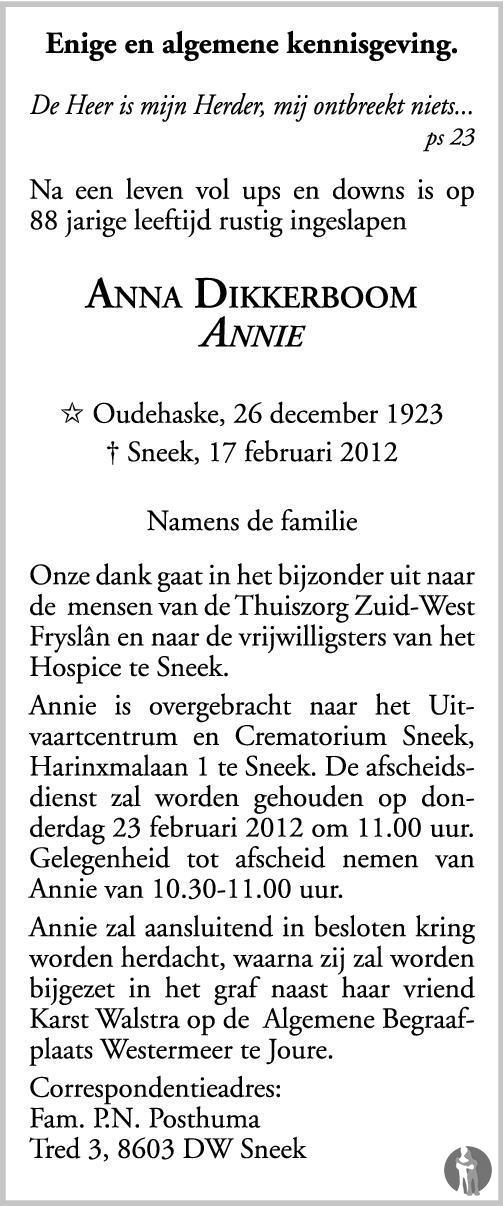 Anna Annie Dikkerboom 17 02 2012 Overlijdensbericht En Condoleances Mensenlinqnl