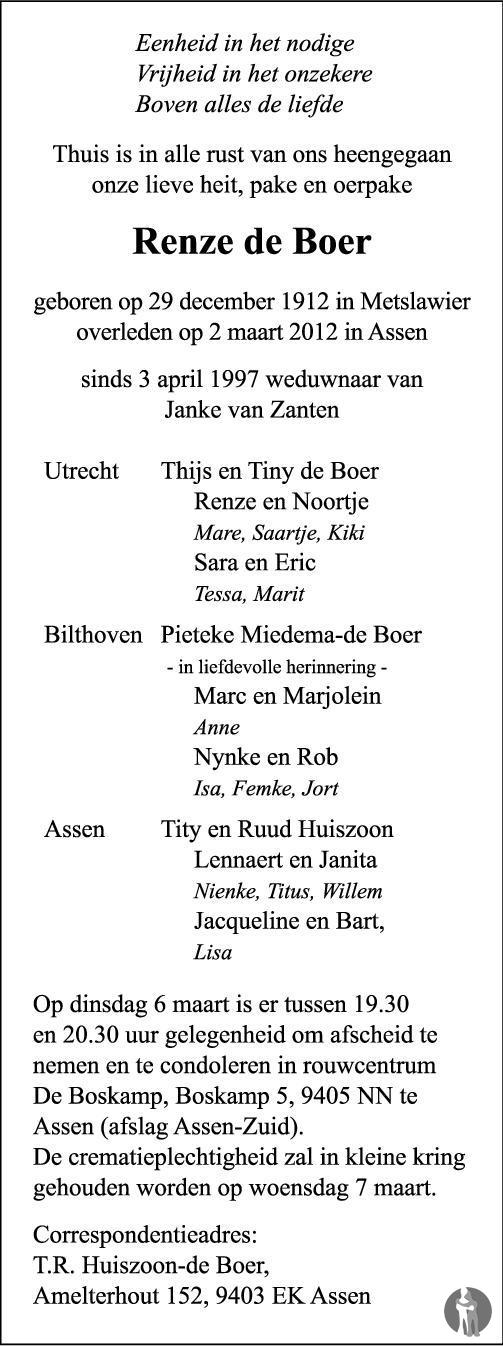 Renze de Boer 02-03-2012 overlijdensbericht en condoleances - Mensenlinq.nl