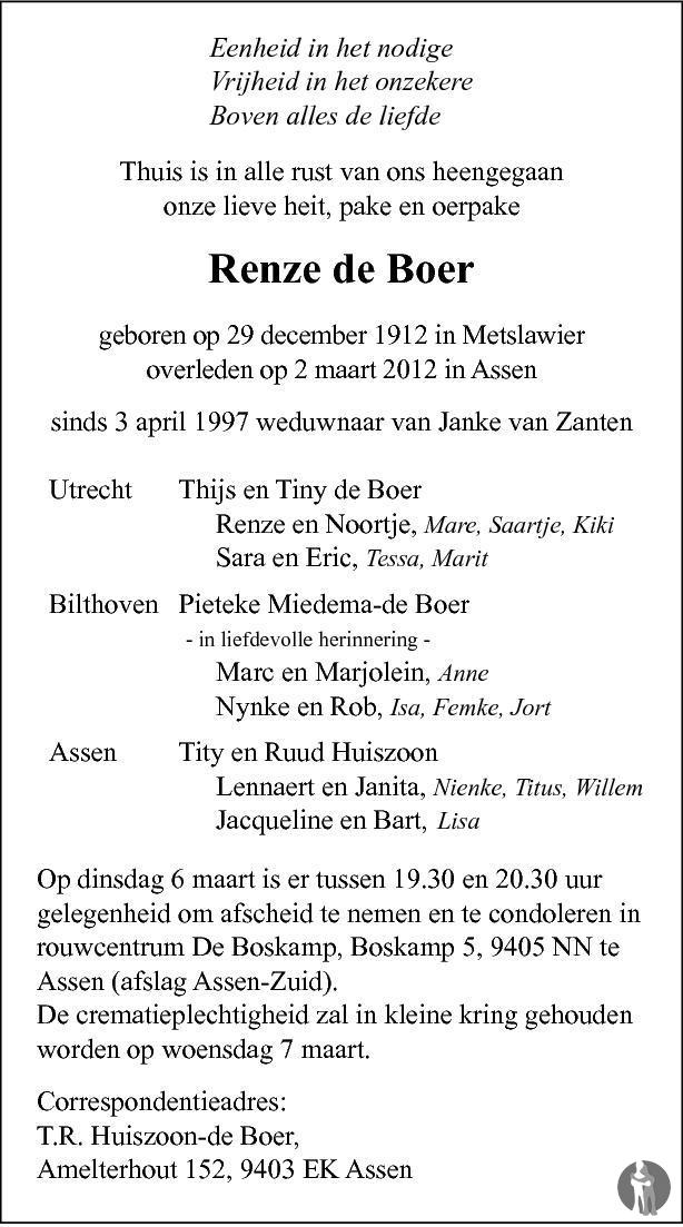 Renze de Boer 02-03-2012 overlijdensbericht en condoleances - Mensenlinq.nl