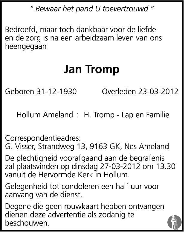 Jan Tromp 23-03-2012 overlijdensbericht en condoleances - Mensenlinq.nl