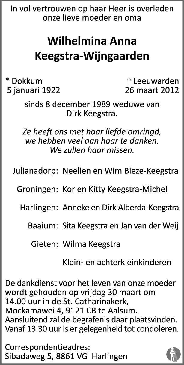 Wilhelmina Anna Keegstra - Wijngaarden 26-03-2012 overlijdensbericht en ...