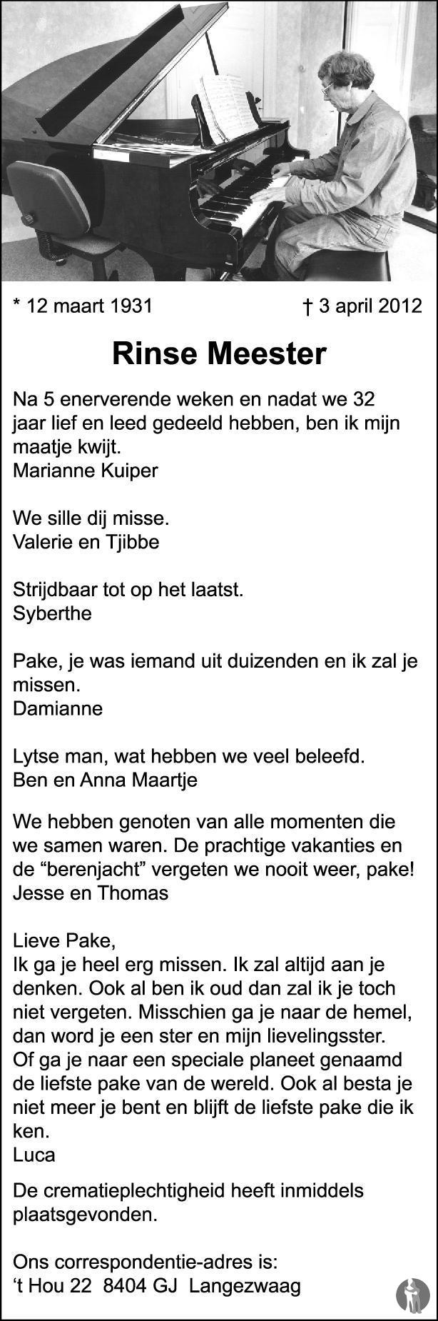 Rinse Meester 03-04-2012 overlijdensbericht en condoleances - Mensenlinq.nl
