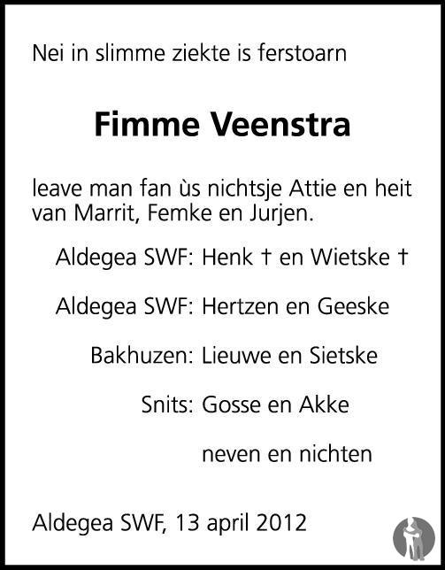 Fimme Bauke Veenstra 13-04-2012 overlijdensbericht en condoleances ...