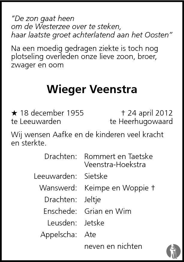 Wieger Veenstra 24-04-2012 overlijdensbericht en condoleances ...