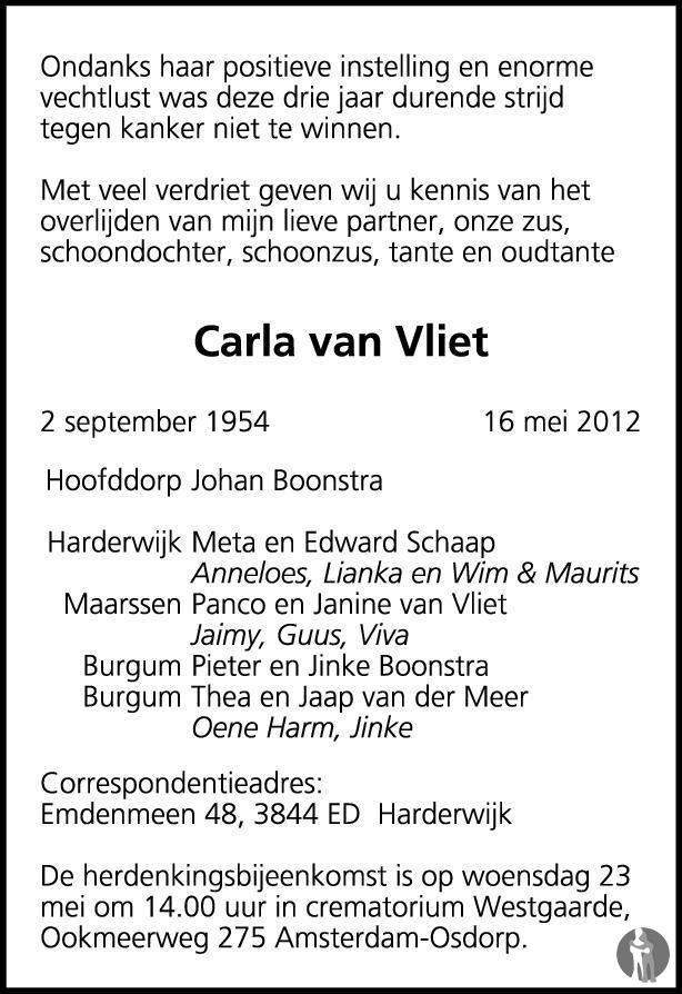 Carla van Vliet 16-05-2012 overlijdensbericht en condoleances ...