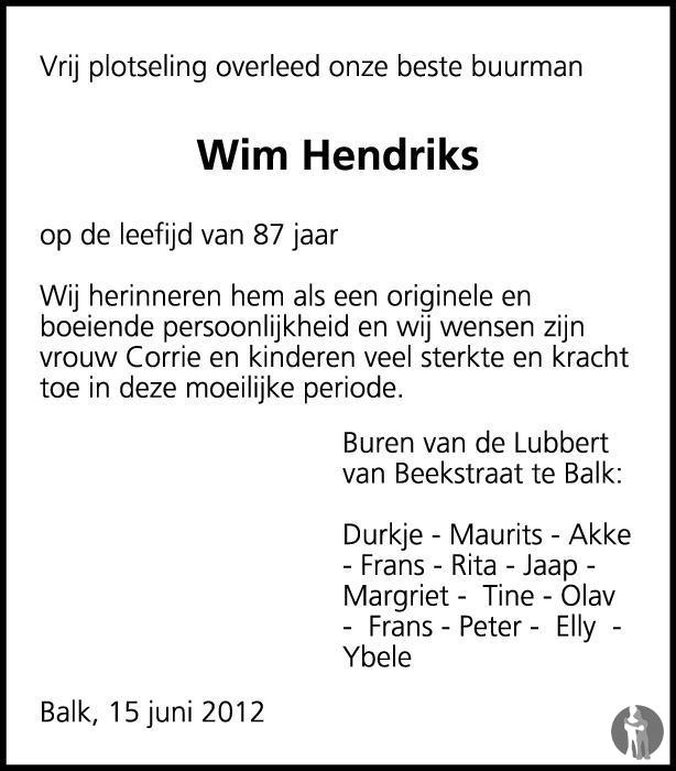 Willem Martinus Hendriks 15-06-2012 overlijdensbericht en condoleances ...