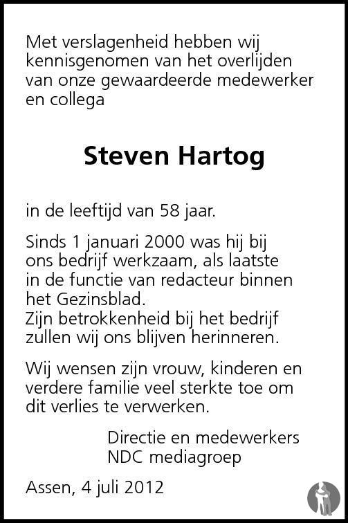 Steven Hartog 04-07-2012 overlijdensbericht en condoleances - Mensenlinq.nl