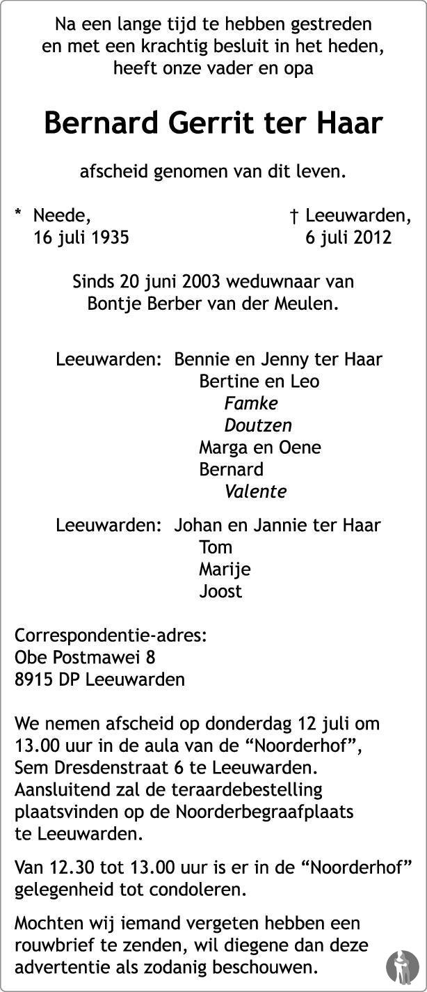 Bernard Gerrit ter Haar 06-07-2012 overlijdensbericht en condoleances ...