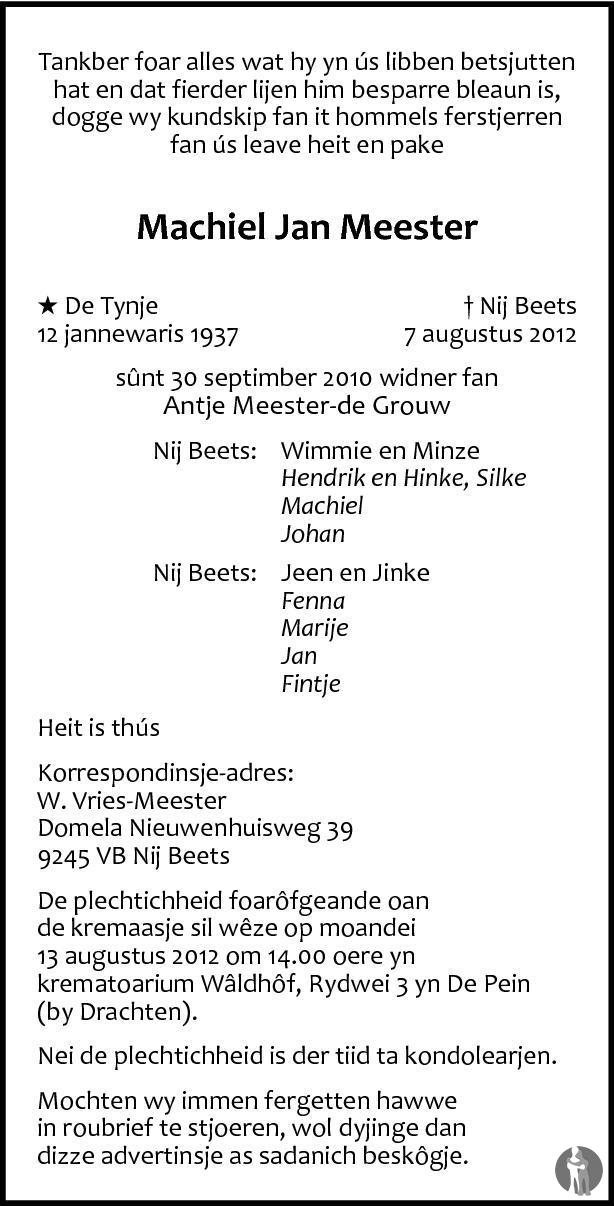 Machiel Jan Meester 07-08-2012 overlijdensbericht en condoleances ...