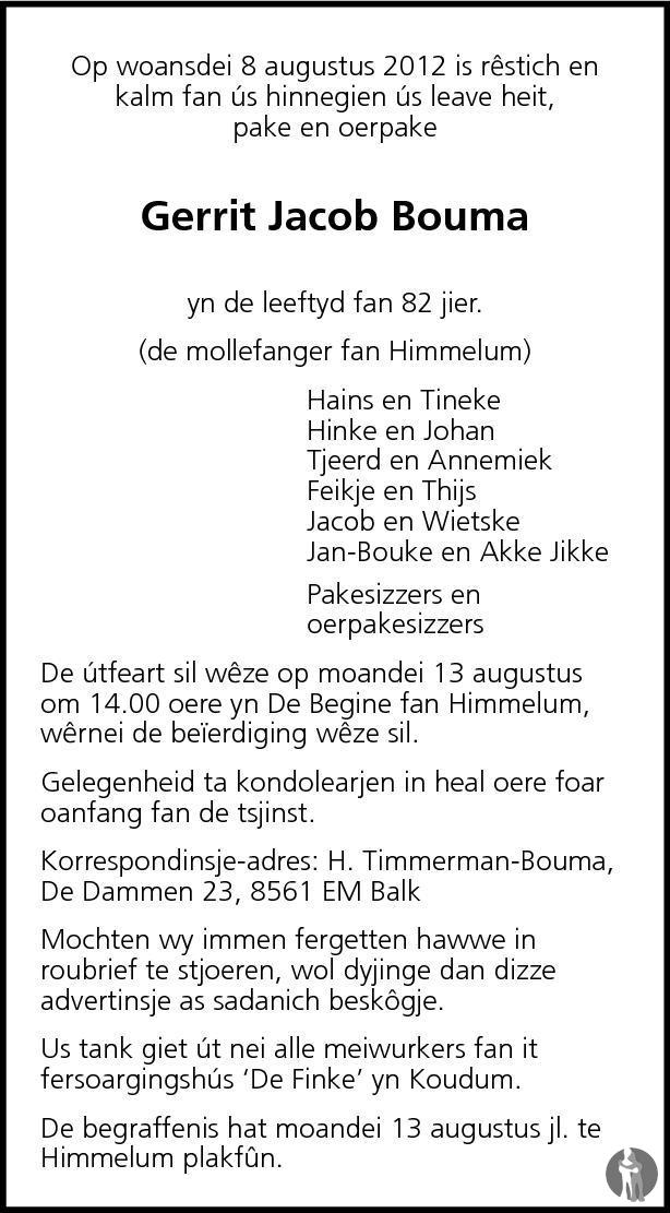 Gerrit Jacob Bouma 08-08-2012 overlijdensbericht en condoleances ...