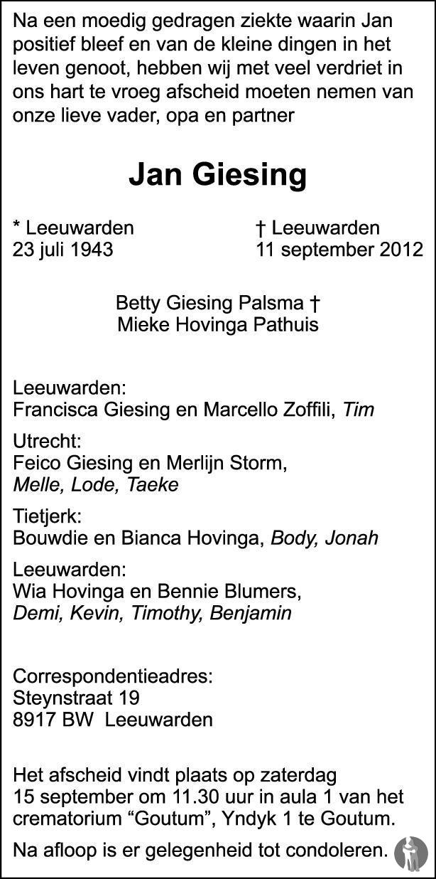 Jan Giesing 11-09-2012 overlijdensbericht en condoleances - Mensenlinq.nl
