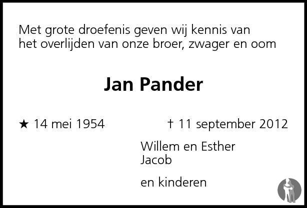 Jan Pander 11-09-2012 overlijdensbericht en condoleances - Mensenlinq.nl
