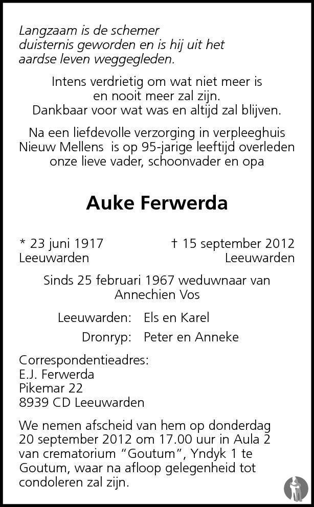 Auke Ferwerda 15-09-2012 overlijdensbericht en condoleances - Mensenlinq.nl