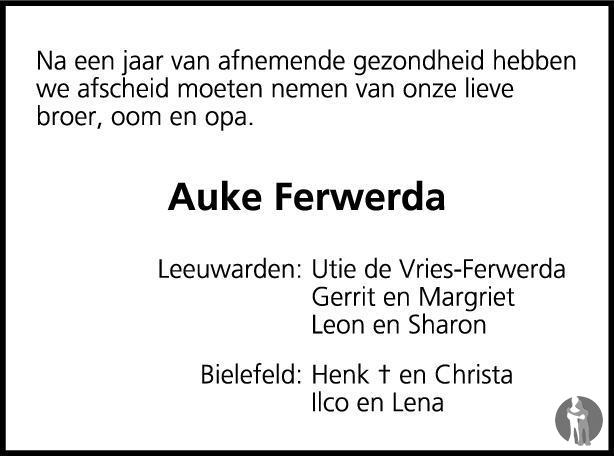 Auke Ferwerda 15-09-2012 overlijdensbericht en condoleances - Mensenlinq.nl